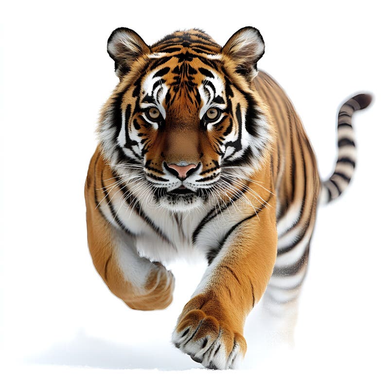 Majestic Tiger Charging Forward on White Background Powerful Wildcat ...