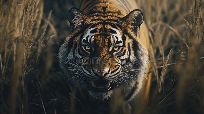 Majestic Tiger Emerging from Tall Grass, Intense Stare Stock ...