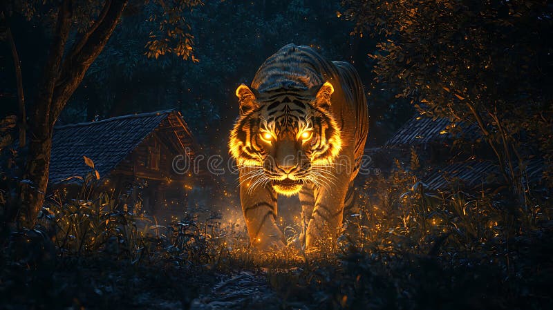 Majestic Tiger Glowing in the Dark Forest at Night Stock Illustration ...