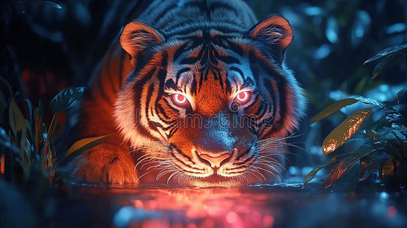 Majestic Tiger with Glowing Eyes Drinking Water at Night in a Dark ...
