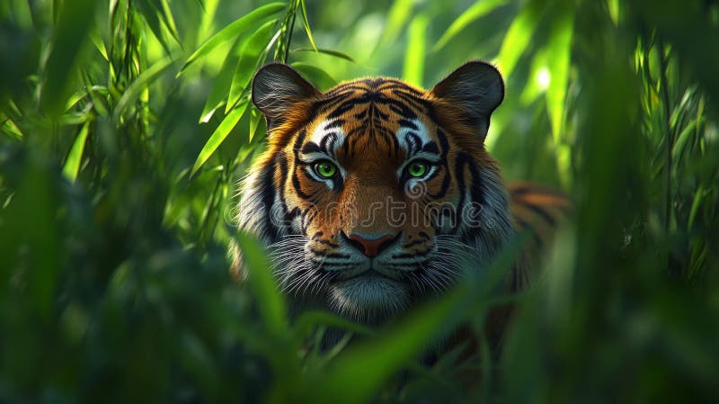 Majestic Tiger Hidden in Lush Green Foliage Stock Illustration ...