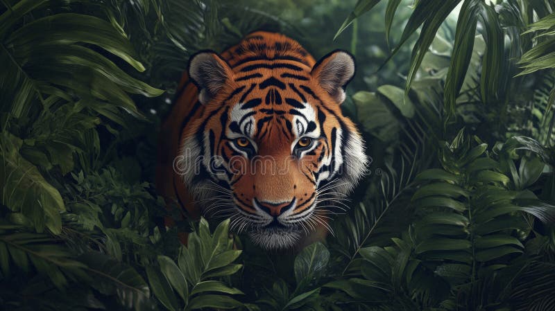 Majestic Tiger Hidden in Lush Green Jungle Stock Illustration ...