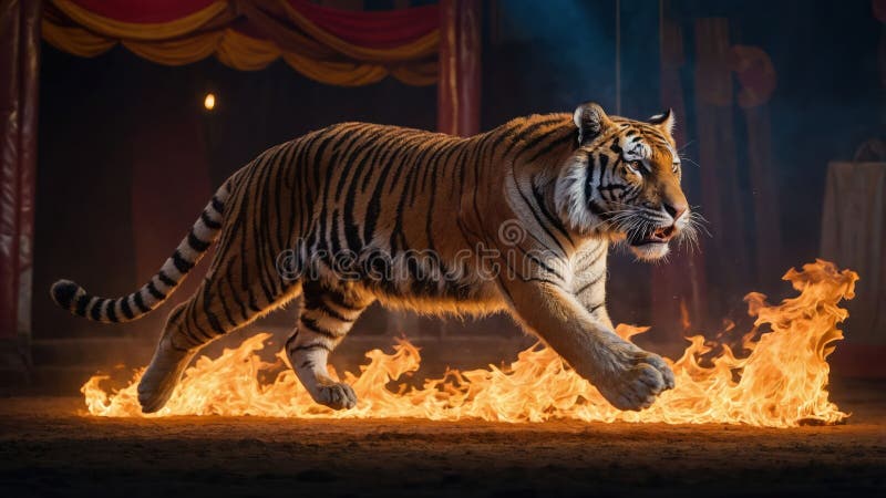 Majestic Bengal Tiger Running through Fire Ring in Circus Stock ...