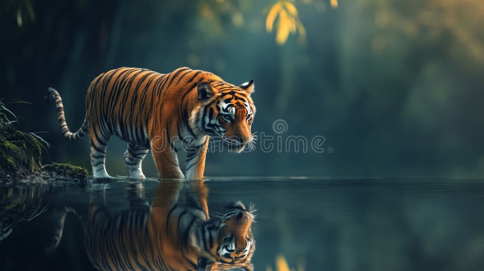 Majestic Tiger Reflection in Dark Forest Water Stock Illustration ...
