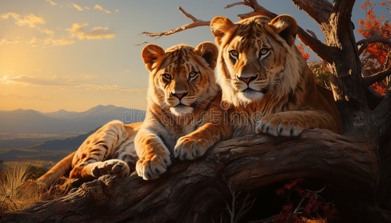 Majestic Tiger Resting in the Wild, Staring into Tranquil Sunset ...