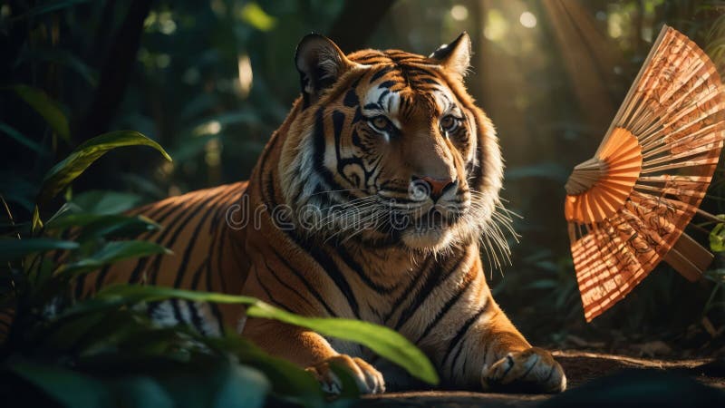Majestic Sumatran Tiger Resting in Lush Jungle with Hand Fan Stock ...
