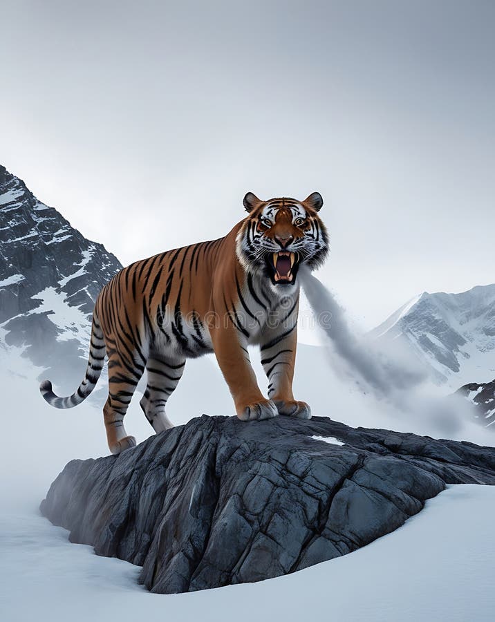 Majestic Tiger Roaring on Snow-Capped Mountain. Stock Photo - Image of ...
