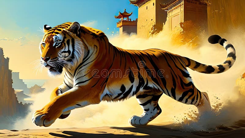 Majestic Tiger Running Towards Ancient Pagoda. Stock Illustration ...