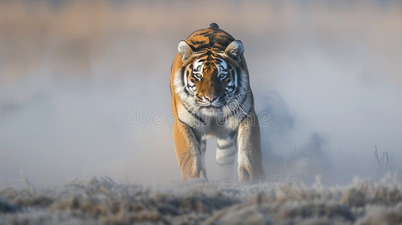 Majestic Tiger Slowly Approaching through Dense Misty Grassland at Dawn ...