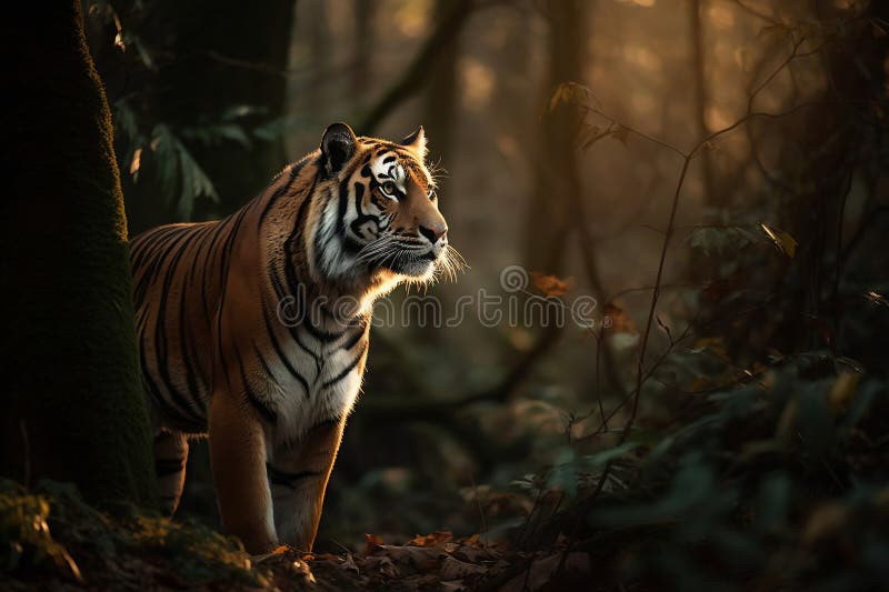 Majestic Tiger Standing Still in the Forest. Created with Generative AI ...
