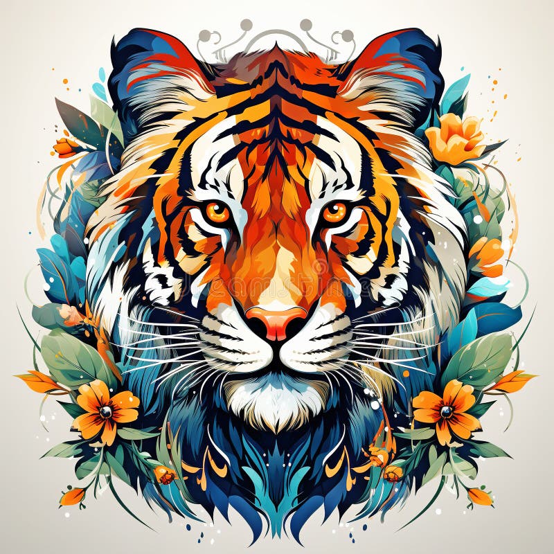 Majestic Tiger Surrounded by Vibrant Floral Illustrations. AI ...