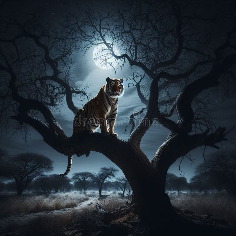 “Majestic Tiger Under the Moonlight” Stock Illustration - Illustration ...