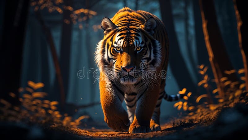 Majestic Tiger in Dimly Lit Forest with Realistic Detailed Style Stock ...