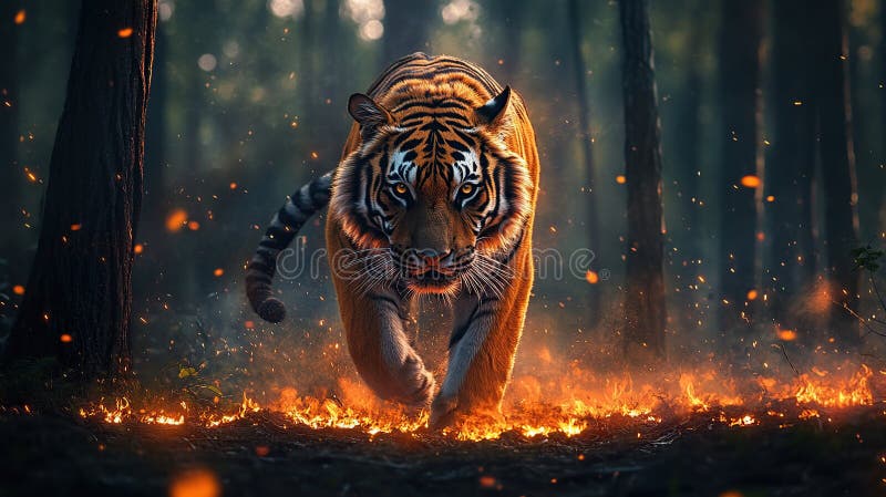 Majestic Tiger Walking through Forest Fire Stock Photo - Image of ...