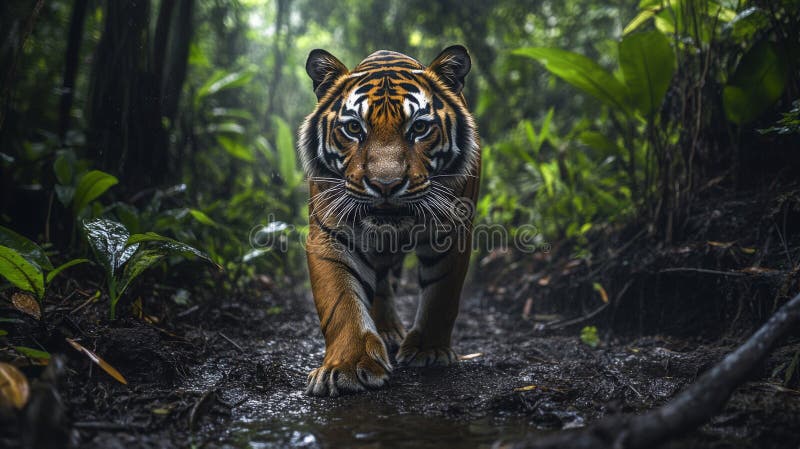Majestic Tiger Walking on Jungle Path Stock Illustration - Illustration ...