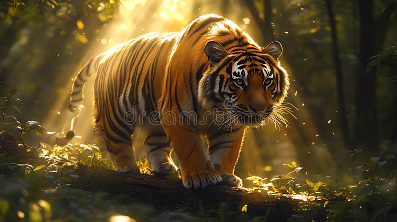 Majestic Tiger Walking on a Log in a Sunlit Forest Stock Illustration ...