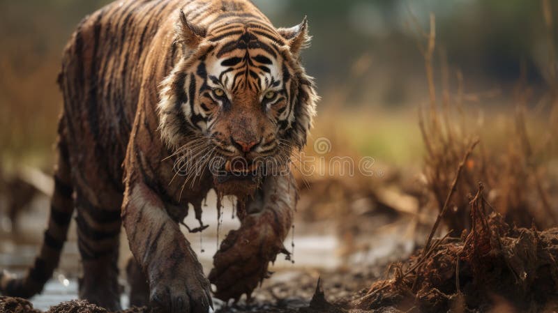 Majestic Tiger Walking through Mud a Captivating Visual Story Stock ...