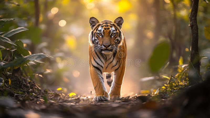 Majestic Tiger Walking through Sunlit Forest Stock Illustration ...