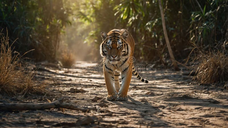 A Majestic Tiger Walking through a Sunlit Forest Path Surrounded by ...