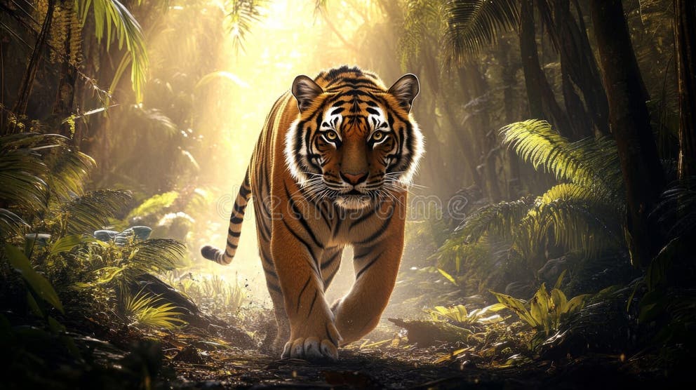 Majestic Tiger Walking through Sunlit Jungle Path Stock Illustration ...