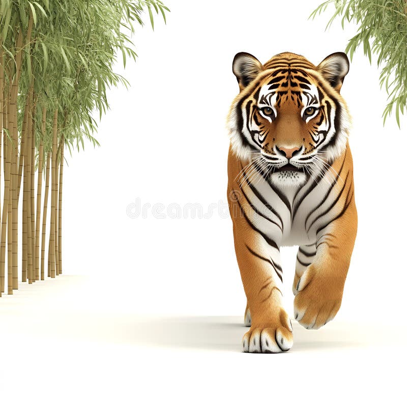Majestic Tiger Walking Towards the Camera in Bamboo Forest Setting ...