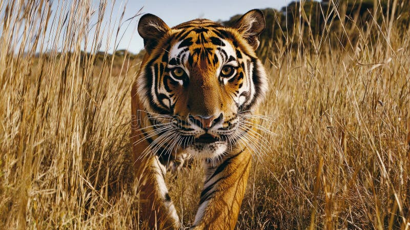 Majestic Tiger Walking Towards the Camera in Tall Grass Stock Image ...