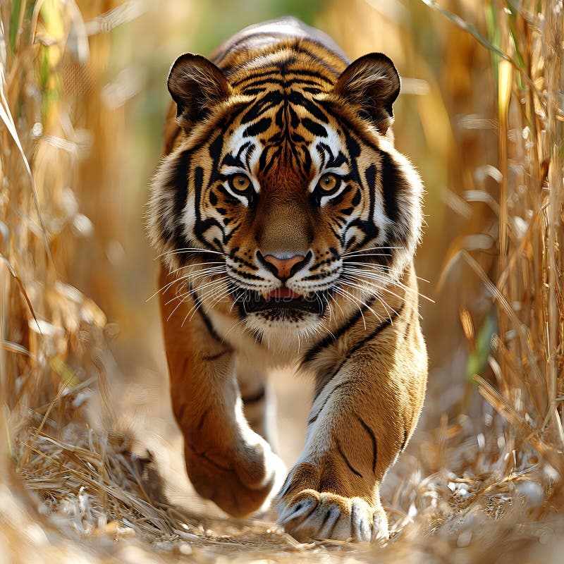 Majestic Tiger Walking Towards Camera through Tall Grass in Sunlight ...