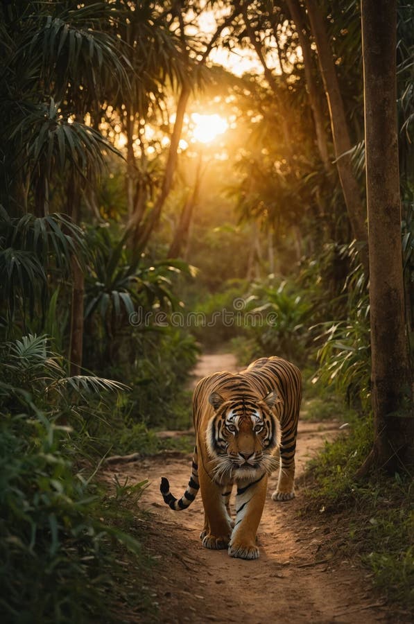 A Majestic Tiger Walks Along a Forest Path at Sunset, Surrounded by ...