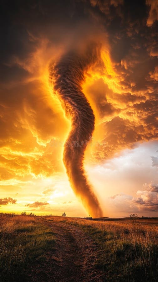 Majestic Tornado Under a Dramatic Orange Sky at Sunset, Natural ...