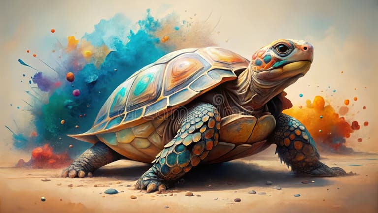 A Majestic Tortoise Advancing through a Vibrant, Abstract Landscape of ...