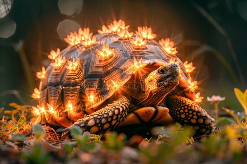 Majestic Tortoise Encircled by Glowing Lights in a Mystical Forest ...