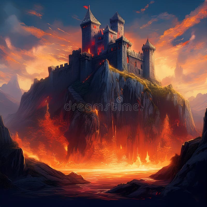 Fantasy fiery castle stock illustration. Illustration of turrets ...