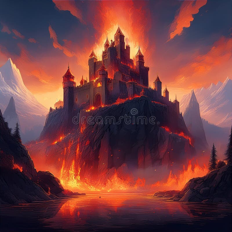 Fantasy fiery castle stock illustration. Illustration of towers - 375390735
