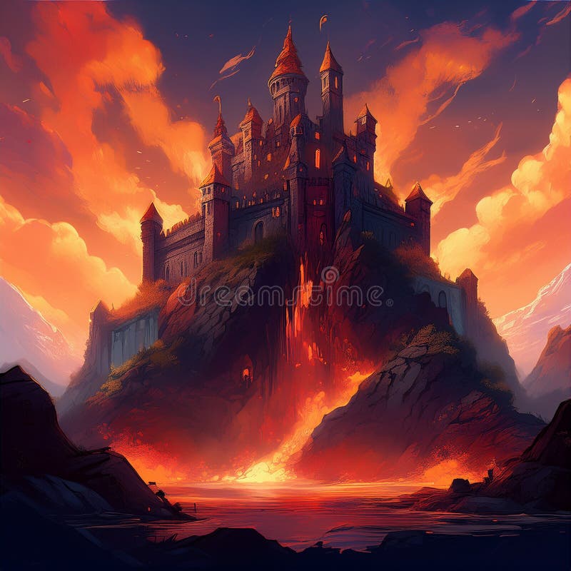 Fantasy fiery castle stock illustration. Illustration of screenshot ...