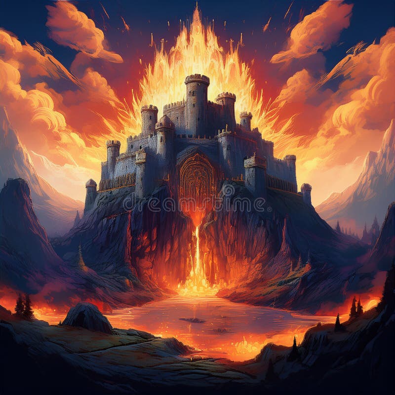 Fantasy fiery castle stock illustration. Illustration of screenshot ...