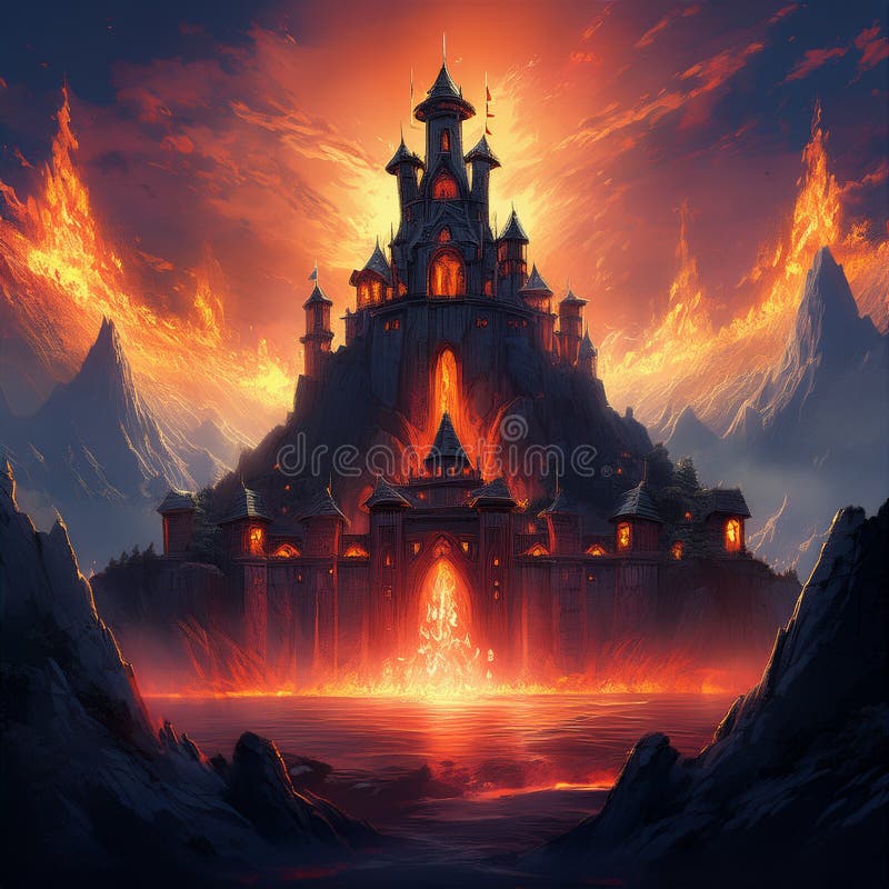 Fantasy fiery castle stock illustration. Illustration of person - 375390771