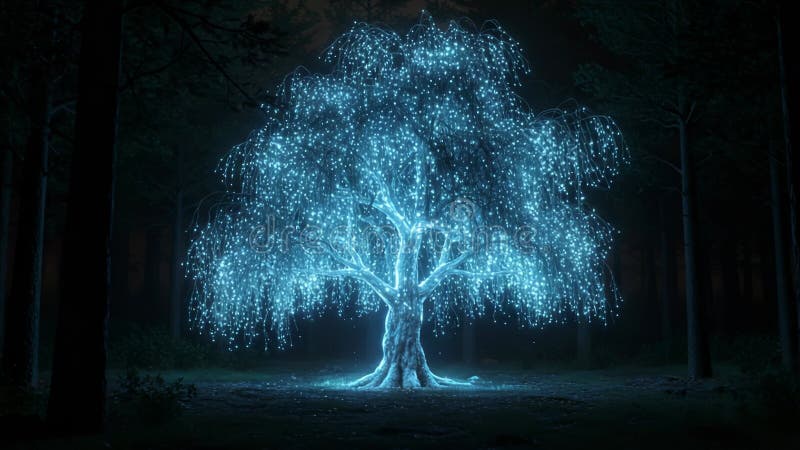 Glowing Tree with Blue Lights in Dark Forest Setting Stock Video ...