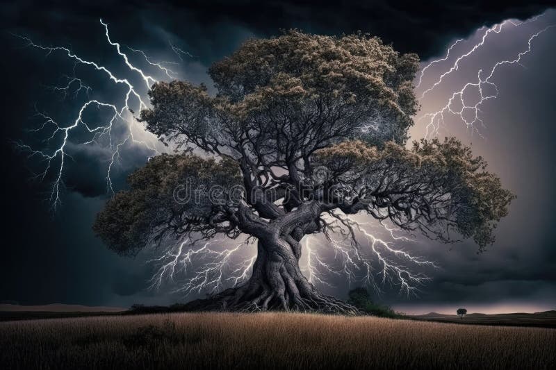 Majestic Tree Against Stormy Sky, with Lightning and Thunder Stock ...
