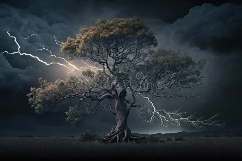 Majestic Tree Against Stormy Sky, with Lightning and Thunder Stock ...