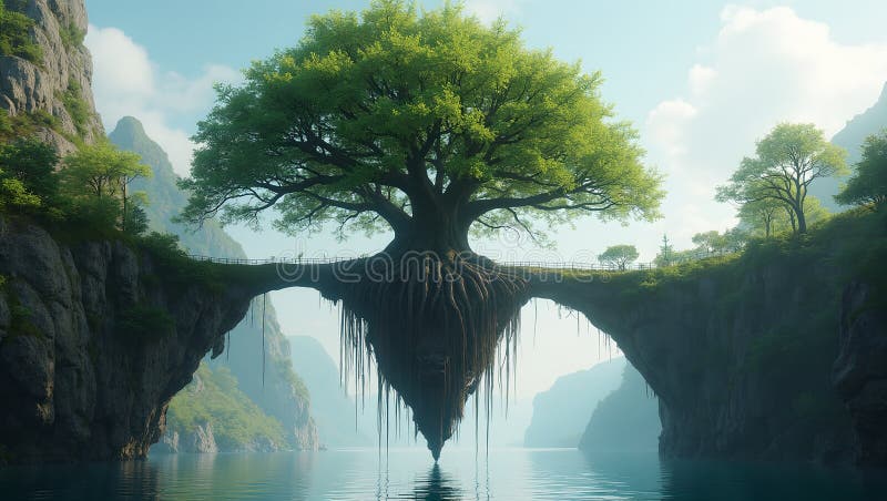Majestic Tree Bridge Connecting Floating Cliffs in Mid Air Stock ...
