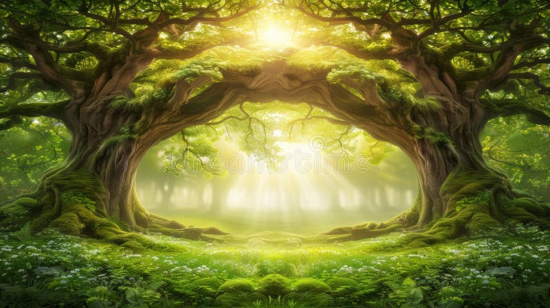 Majestic Tree Canopy in Enchanted Forest Ethereal Mist and Magical Glow ...