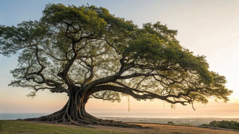 Majestic Tree with Deep Roots and Sprawling Branches at Sunset Stock ...