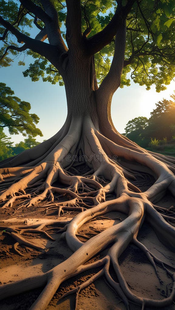 A Majestic Tree with an Expansive Root System Stock Illustration ...