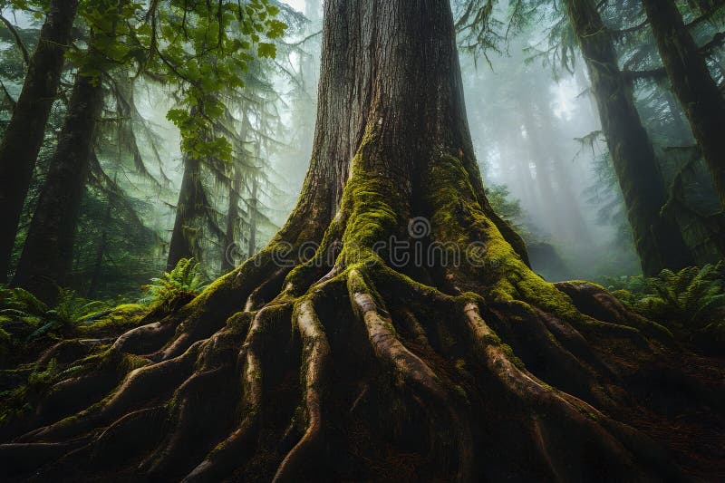 Majestic Tree Expansive Roots Misty Forest Landscape Stock Photos ...