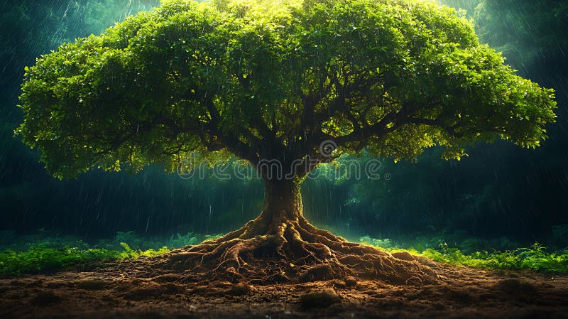Majestic Tree with Exposed Roots in Rain, Sunlight Streaming through ...