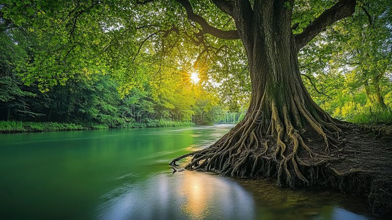 Majestic Tree with Exposed Roots by a River at Sunset Stock Photo ...