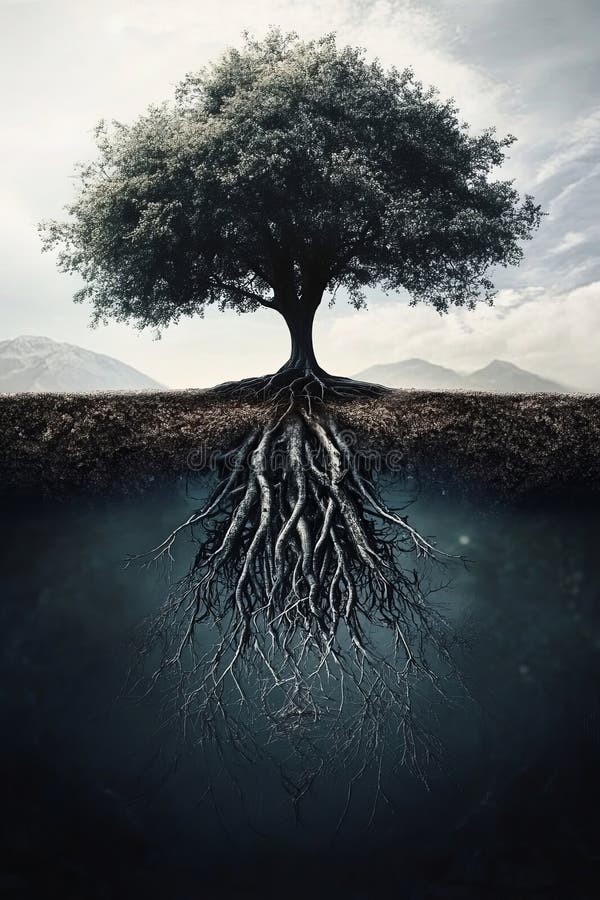 Majestic Tree with Extensive Root System Above and Below Ground in ...