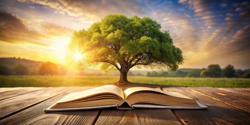 A Majestic Tree Growing from an Open Book at Sunset, Symbolizing ...