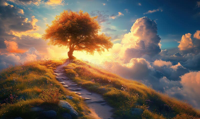 Majestic Tree on Hilltop at Sunset with Vibrant Clouds and Pathway ...