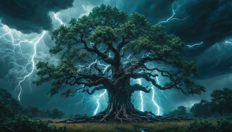 Majestic Tree Illuminated by Lightning during an Intense Thunderstorm ...